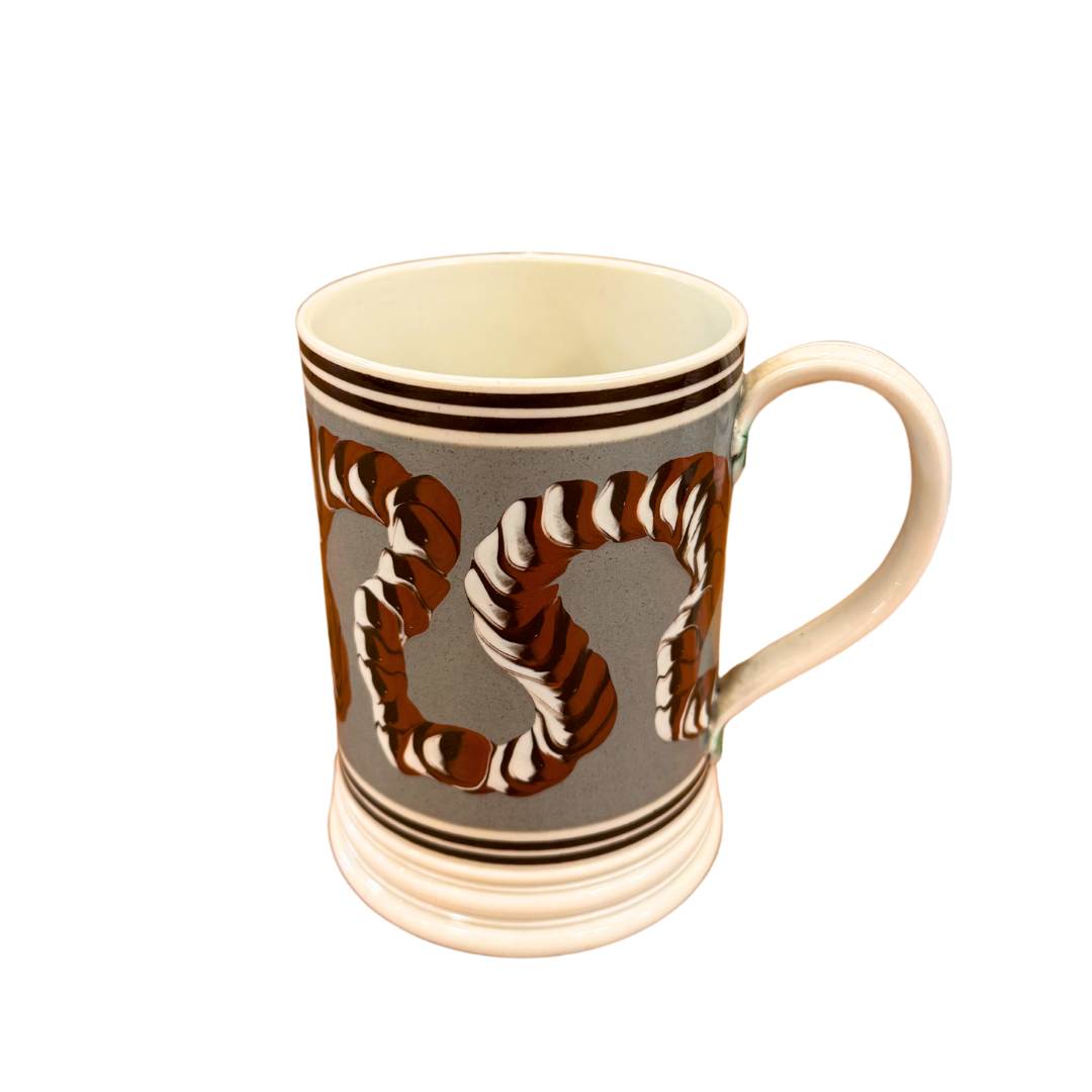 Vintage Mochaware Tankard with Green Ground and Red, Black & White Wav